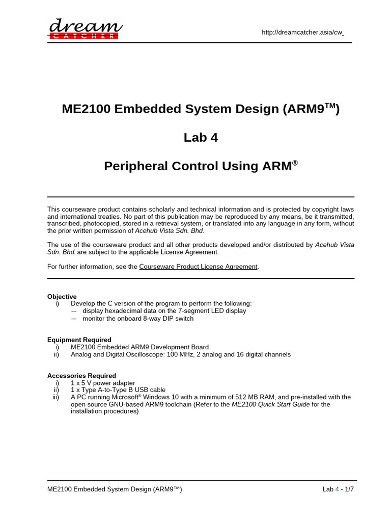 ME2100 Embedded System Design (ARM9) Lab 4 Peripheral Control Using ARM ...