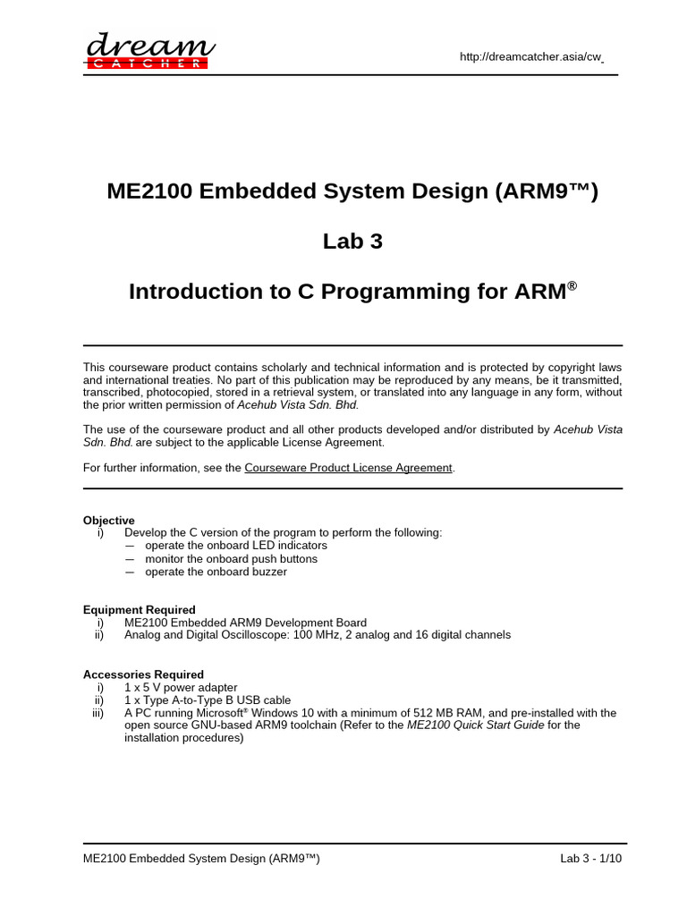 ME2100 Embedded System Design (ARM9™) Lab 3 Introduction To C Programming For ARM | PDF ...