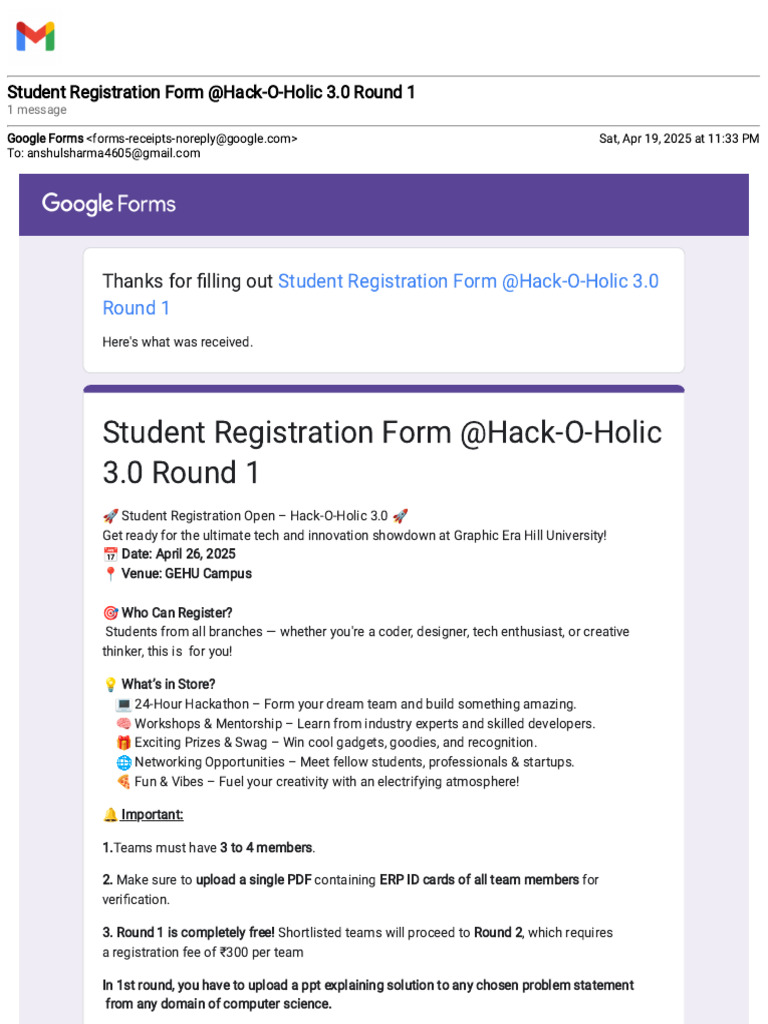 Gmail - Student Registration Form @Hack-O-Holic 3.0 Round 1 | PDF | Artificial Intelligence ...