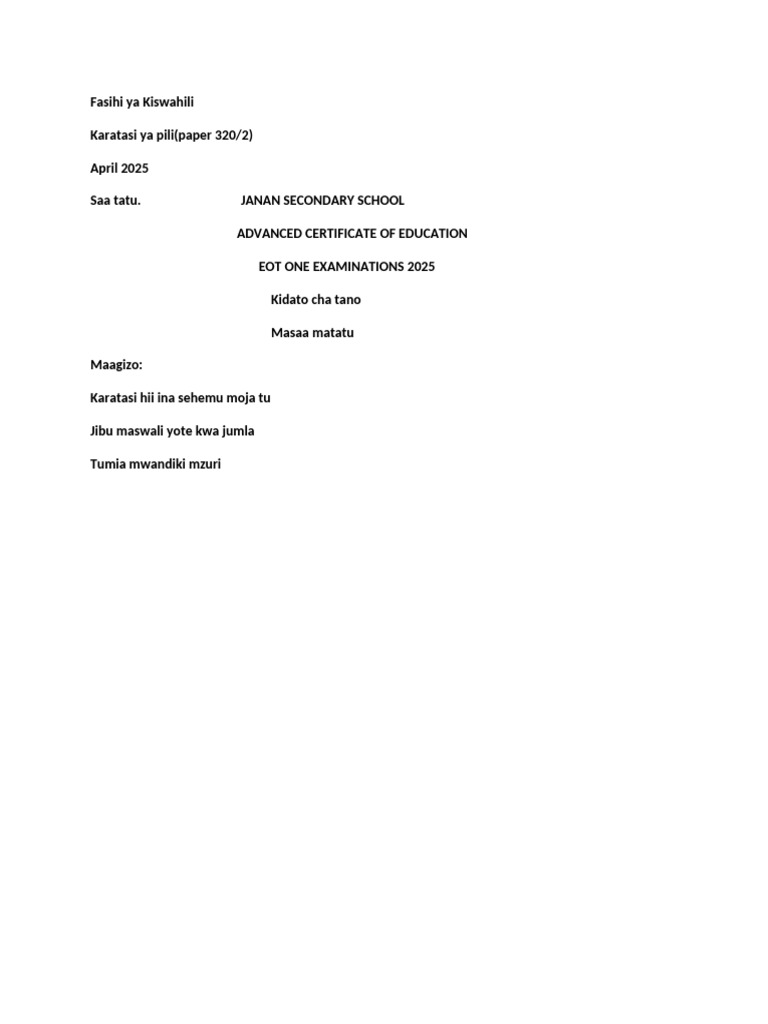 S.5 EOT 1 Kisw Paper 2 2025 | PDF