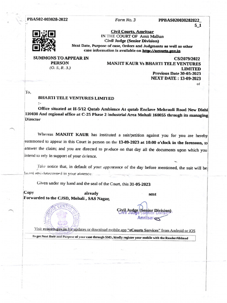 Manjit Kaur vs. Bharti Televentures Ltd.-Plaint | PDF