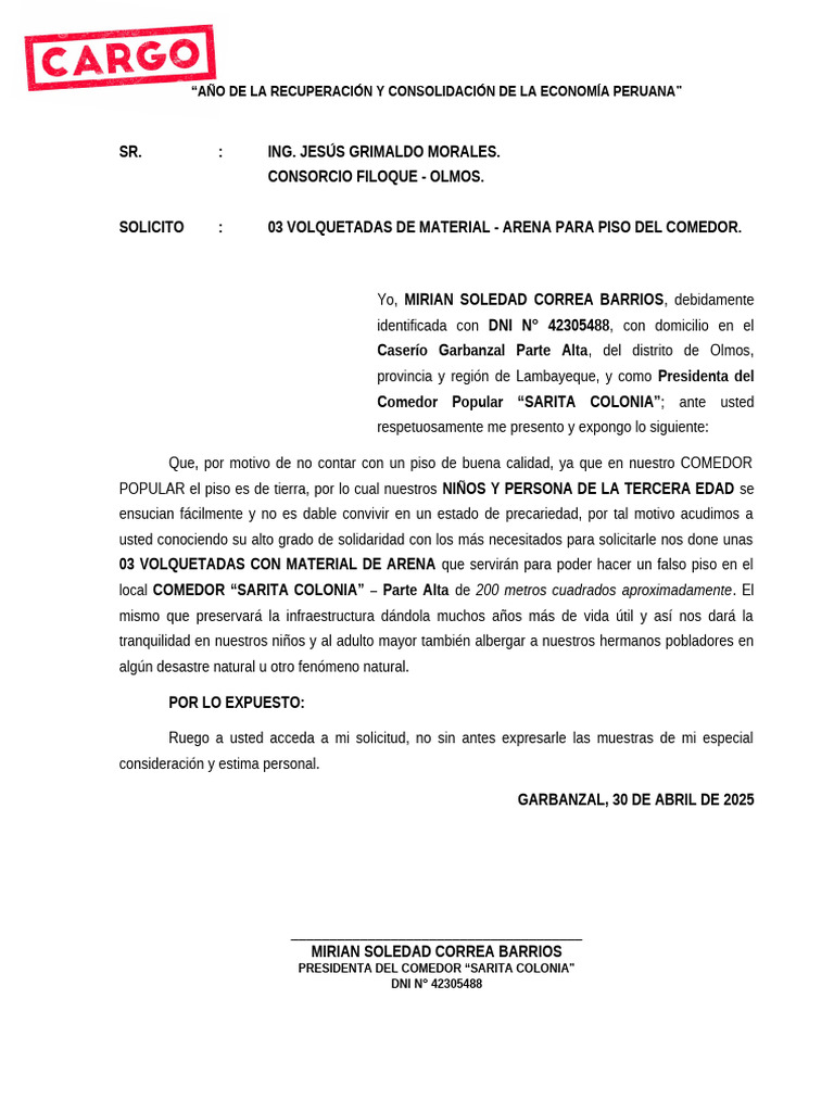 Solicitud - Comedor Garbanzal - Consorcio Filoque | PDF