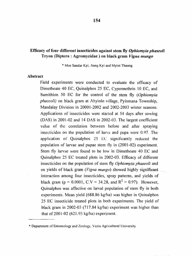 Moe Sandar Kyi Et Al 2015 Efficacy of Four Different Insecticides Against Stem Fly Ophiomyia ...