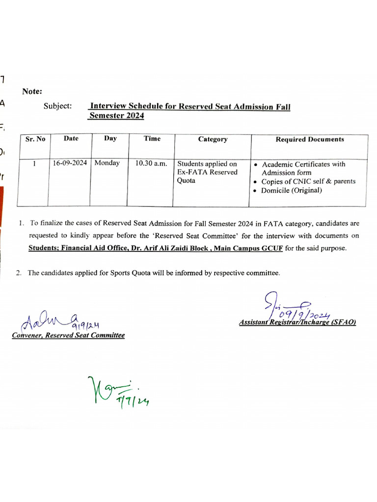 Interview Schedule Reserved Seats | PDF