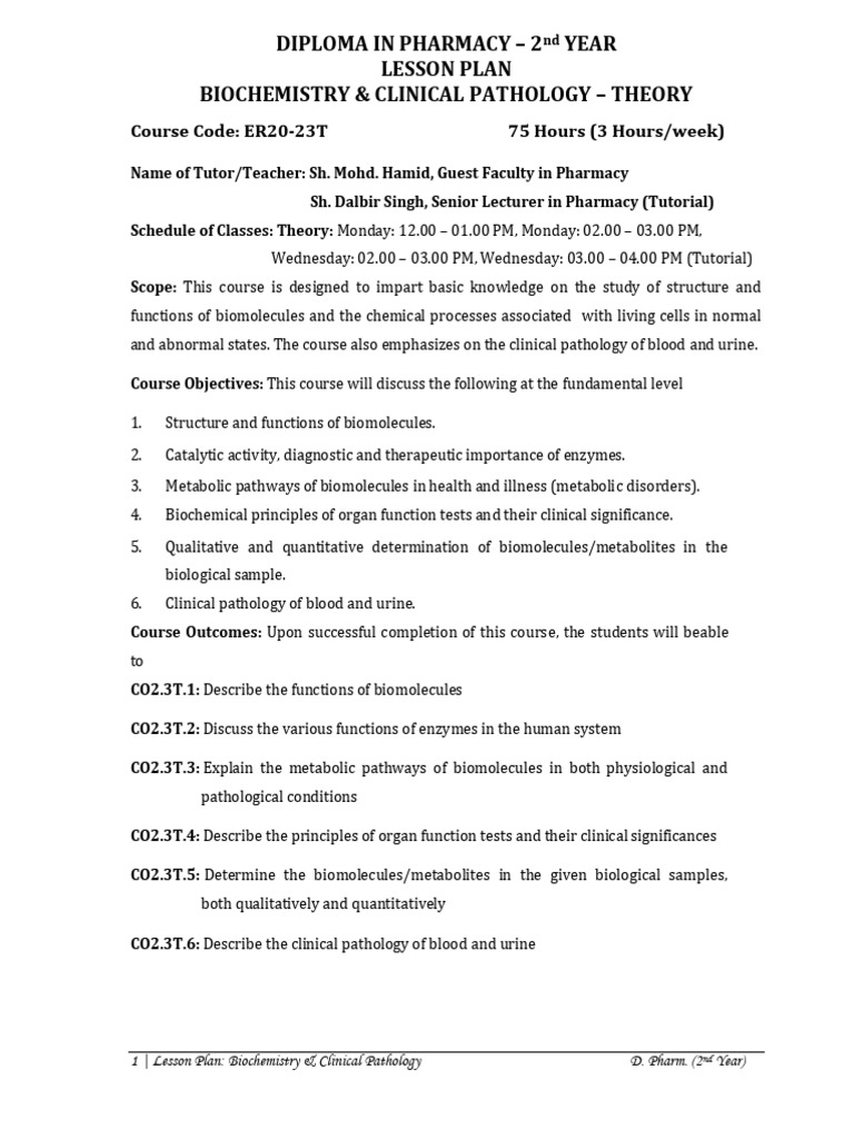 Biochemistry & Clinical Pathology Lesson Plan | PDF | Metabolism ...