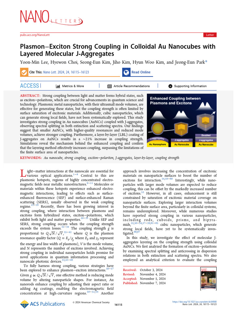 Lee Et Al 2024 Plasmon Exciton Strong Coupling in Colloidal Au ...