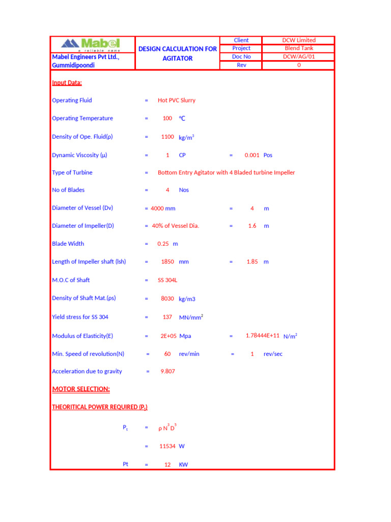 Design Calculation For Shaft of Agitator | PDF | Mechanical Engineering ...