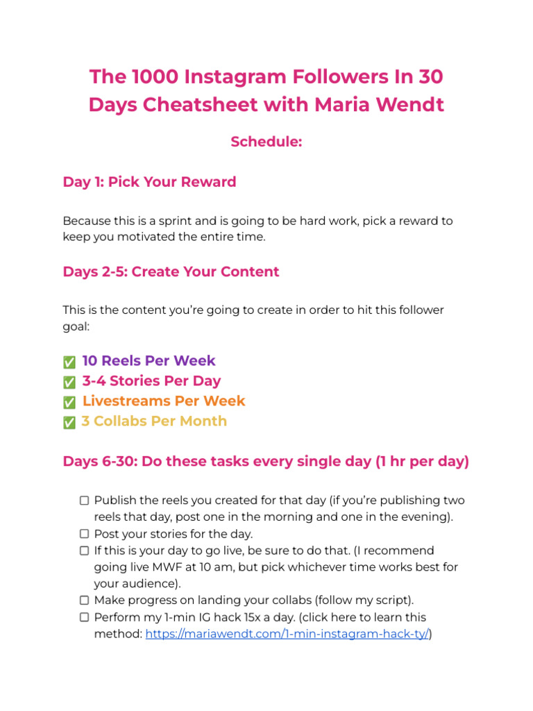The 1000 Instagram Followers in 30 Days Cheatsheet | PDF