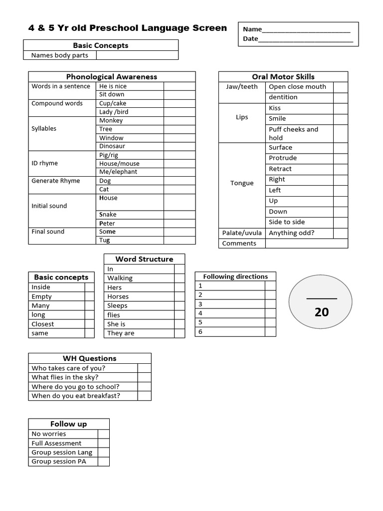 Preschool 4 & 5 Yr Old Language Screen | PDF