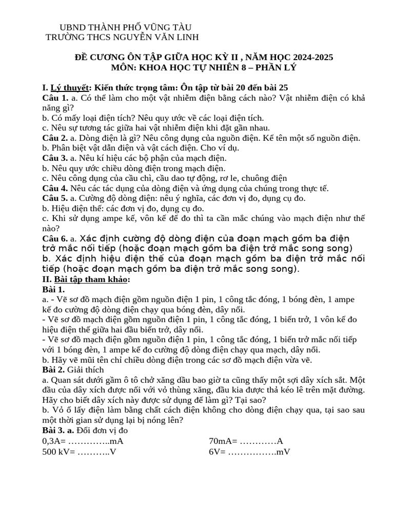 Đề Cương KHTN 8 Phần Lý - Giữa Hk2!24!25 | PDF