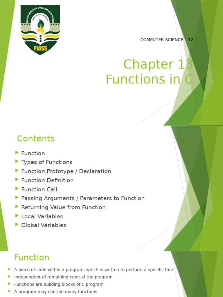 Ch-13 (ICS II) - Functions in C | PDF | Parameter (Computer Programming) | Variable (Computer ...