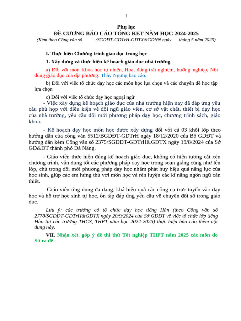 De Cuong Bao Cao Tong Ket Nam Hoc 2024-2025 Gui So GD | PDF