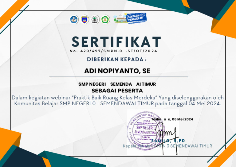 1. Sertifikat Webinar Praktik Baik Adi Nopiyanto 4 | PDF