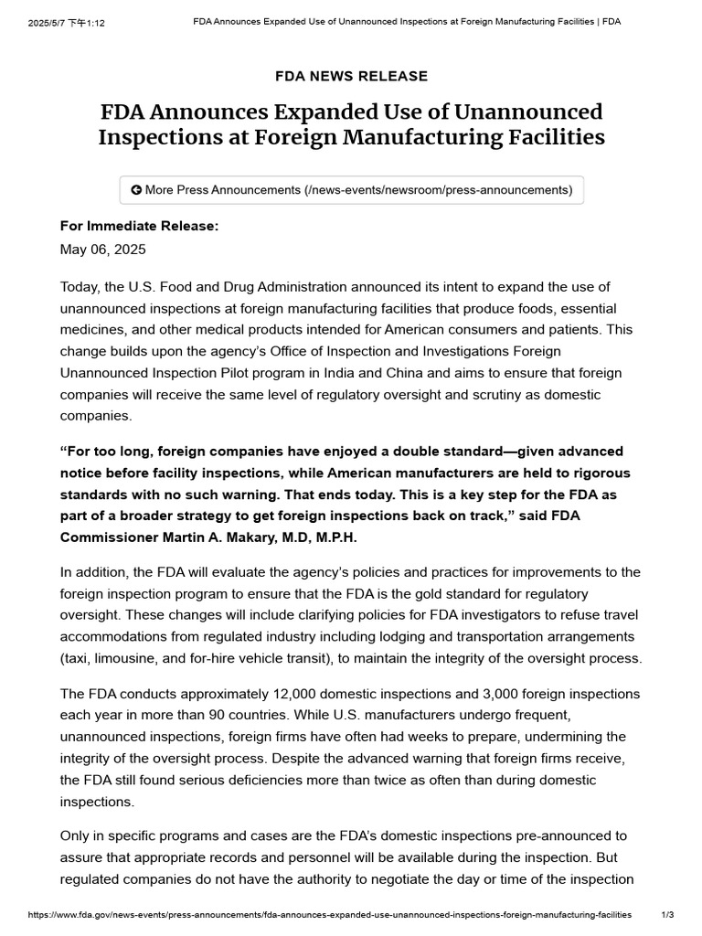 FDA Expanded ''Unannounced Inspections'' at Foreign Facilities ...
