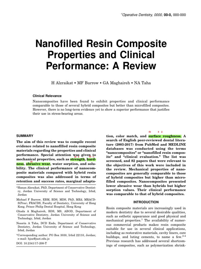 Nanofilled Resin Composite Properties and Clinical Performance. A ...