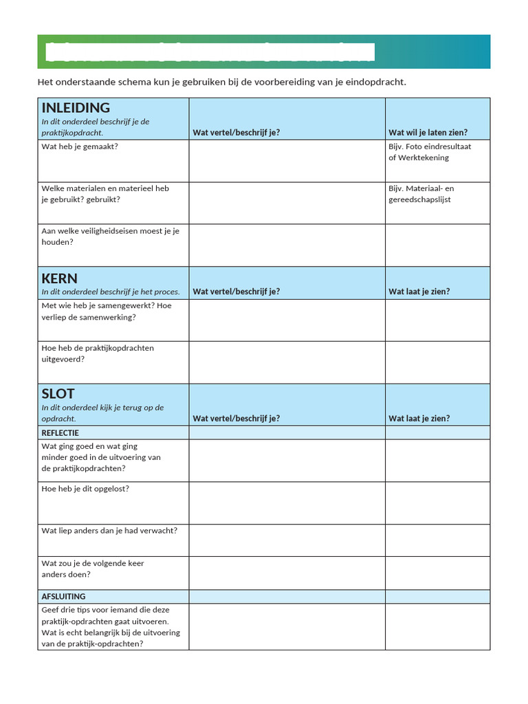 Schema Eindopdracht | PDF