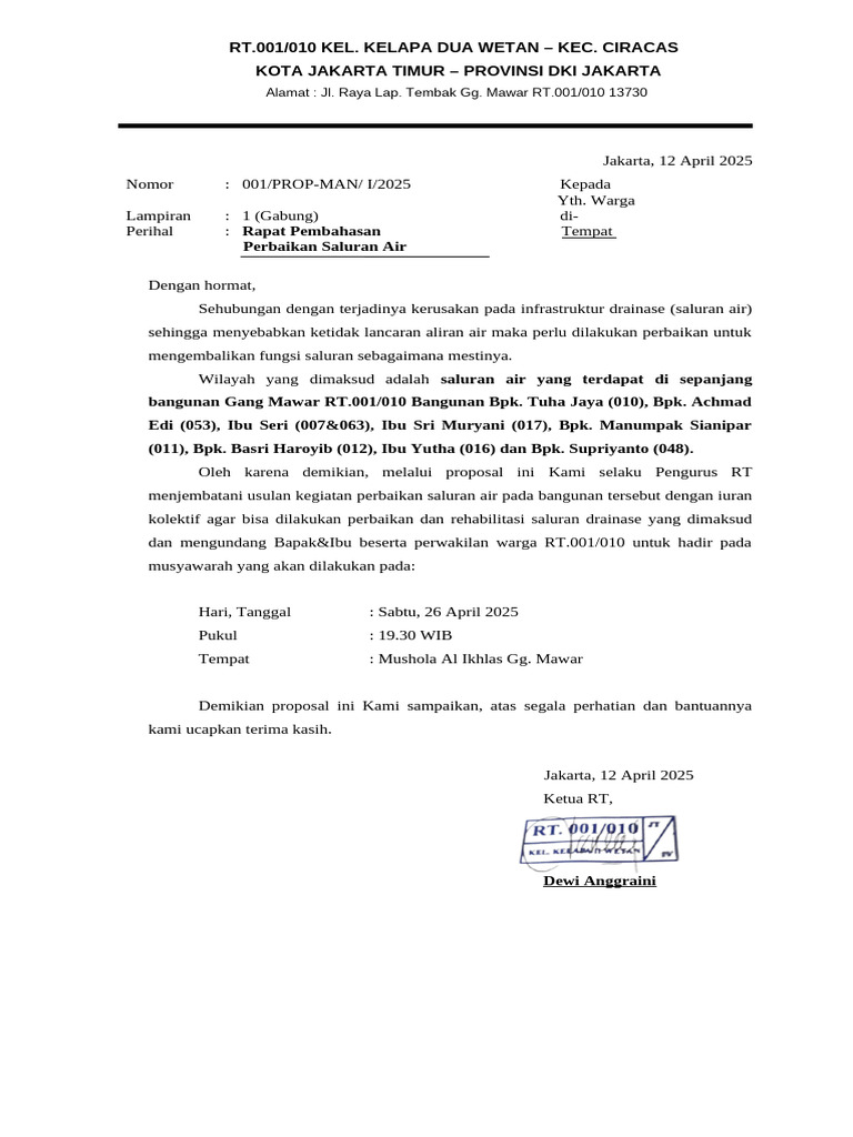 Proposal Perbaikan Drainase RT.001/010 | PDF
