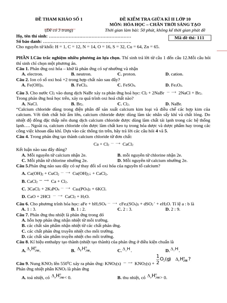 de-thi-giua-ki-2-hoa-10 | PDF