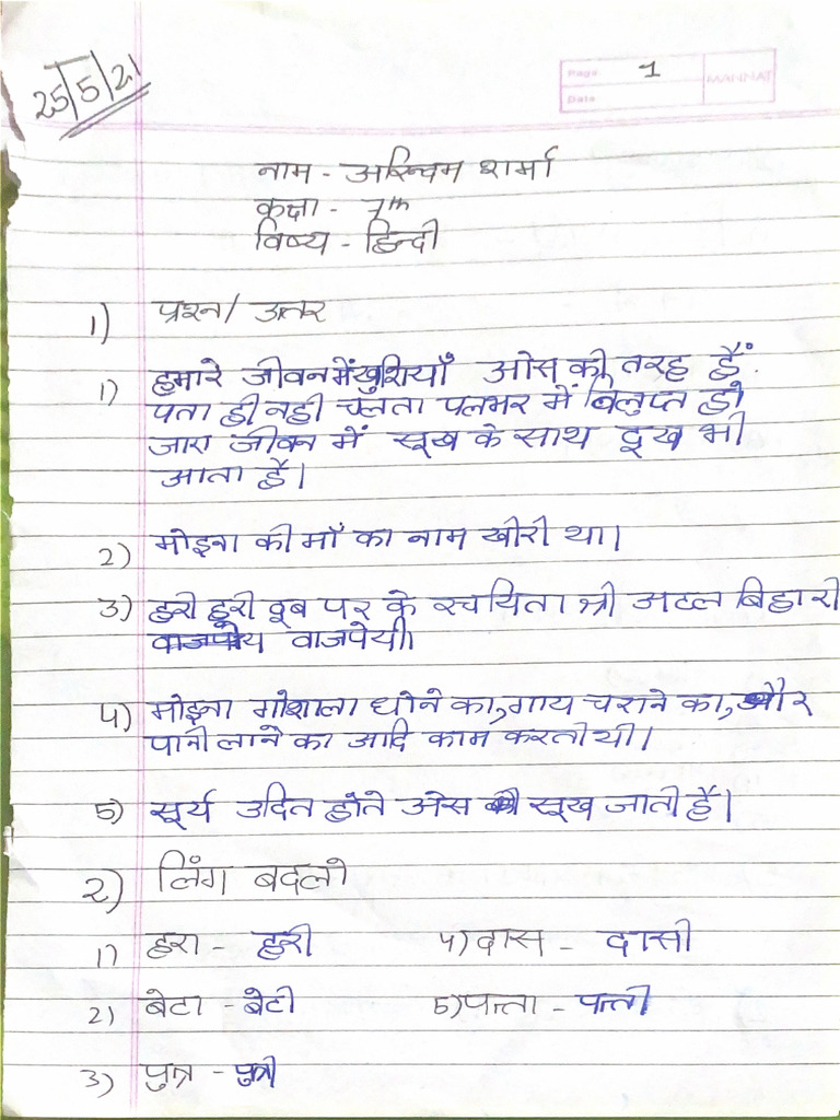 Arindam Sharma Grade7 Hindi Exam Pt1 | PDF