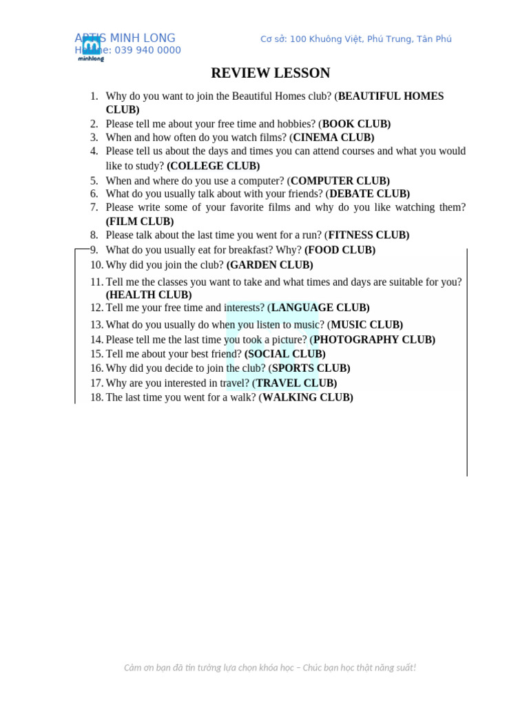Club Participation Review Questions | PDF