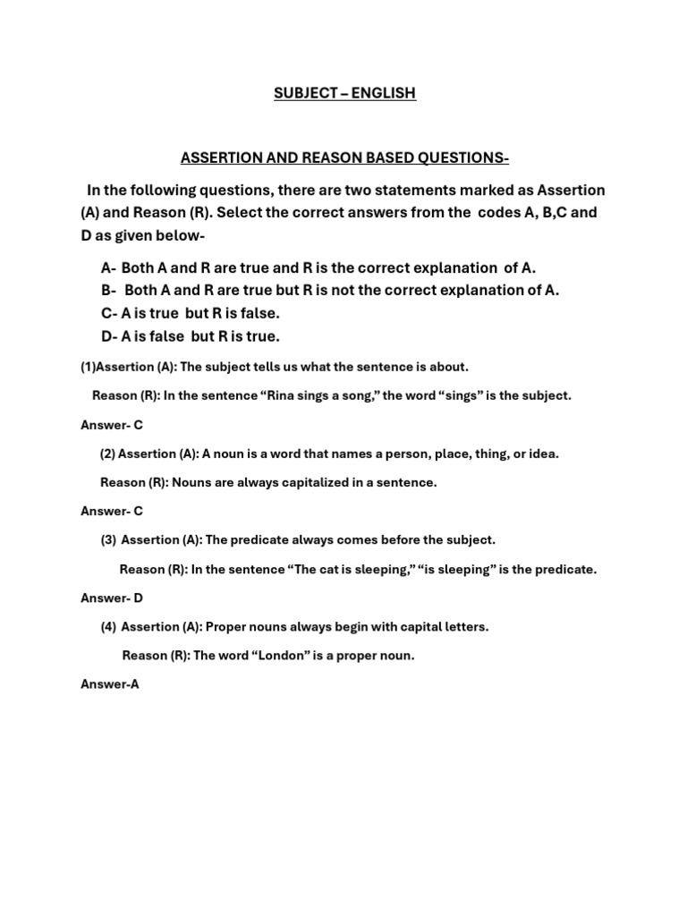 Class 5 Assertion and Reason Questions | PDF | Subject (Grammar ...