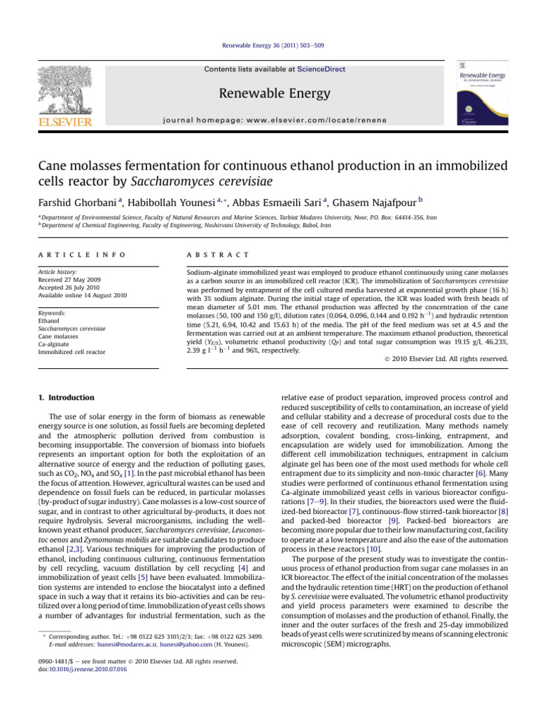 Cane Molasses Fermentation For Continuou | PDF | Gas Chromatography | Yeast
