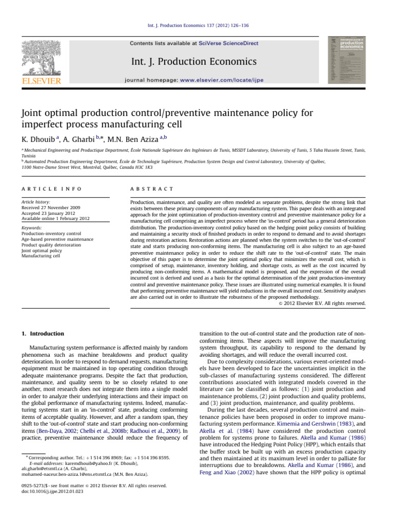 13 Joint Optimal Production Control Preventive Maintenance Policy for Imperfect Process ...