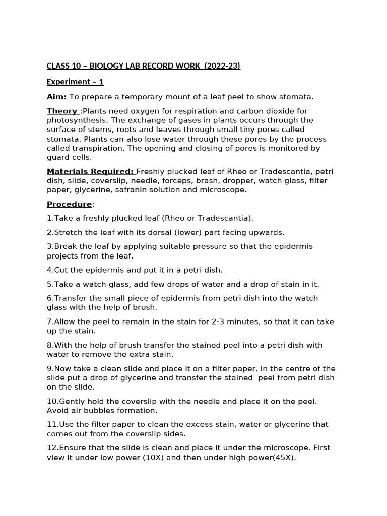 Class 10 Biology Science Lab Manual Experiment | PDF | Seed | Stoma