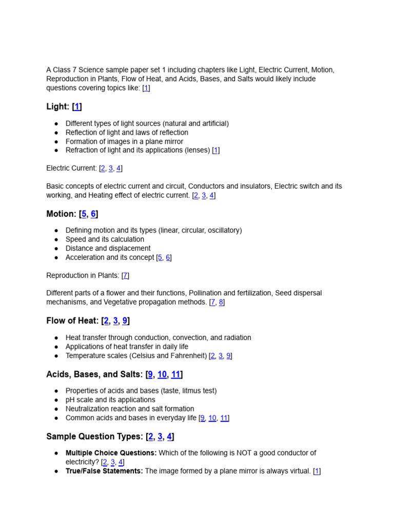 Class 7 Science Sample Paper Set 1 Added Chapters Light, Electric Current, Motion, Reproduction ...