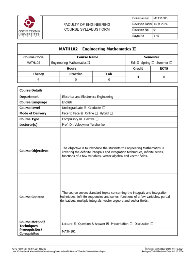 Math 102 Calc 2 Syllabus en 2024 2025 1 Fall 40046 | PDF | Integral ...