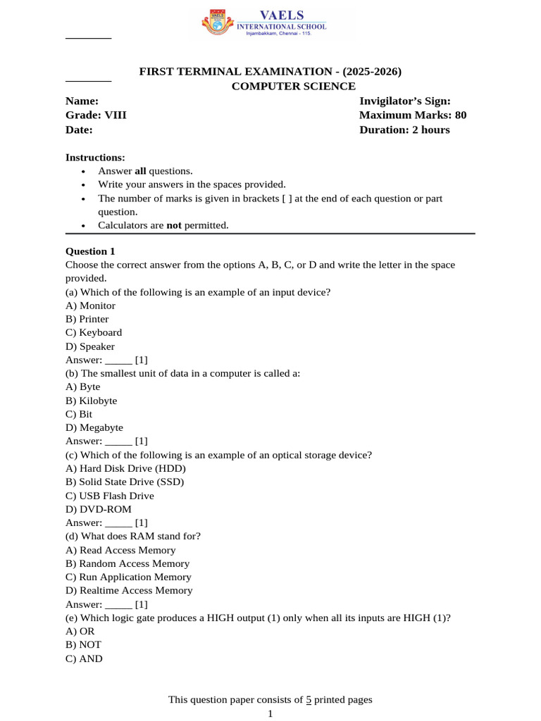 Gr8 Terminal 1 QP CSC Ig 2025 2026 | PDF | Computer Data Storage | Logic Gate