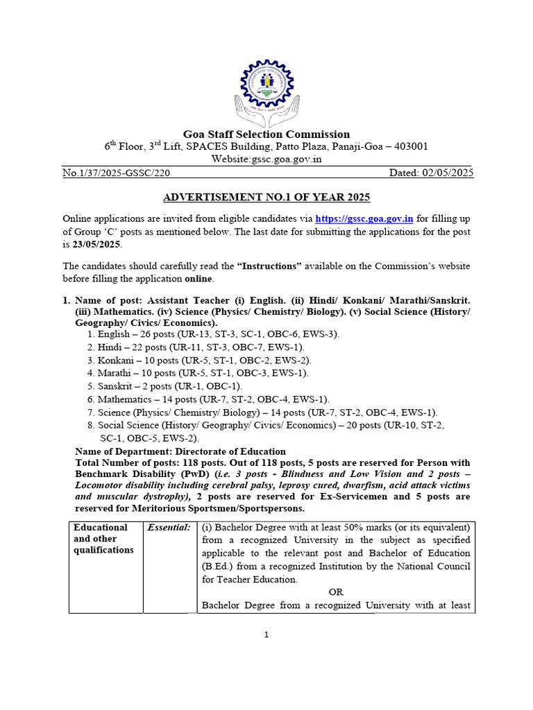 GOA STAFF SELECTION COMMISSION (GOA SSC) Job 2 | PDF | Academic Degree | Bachelor's Degree