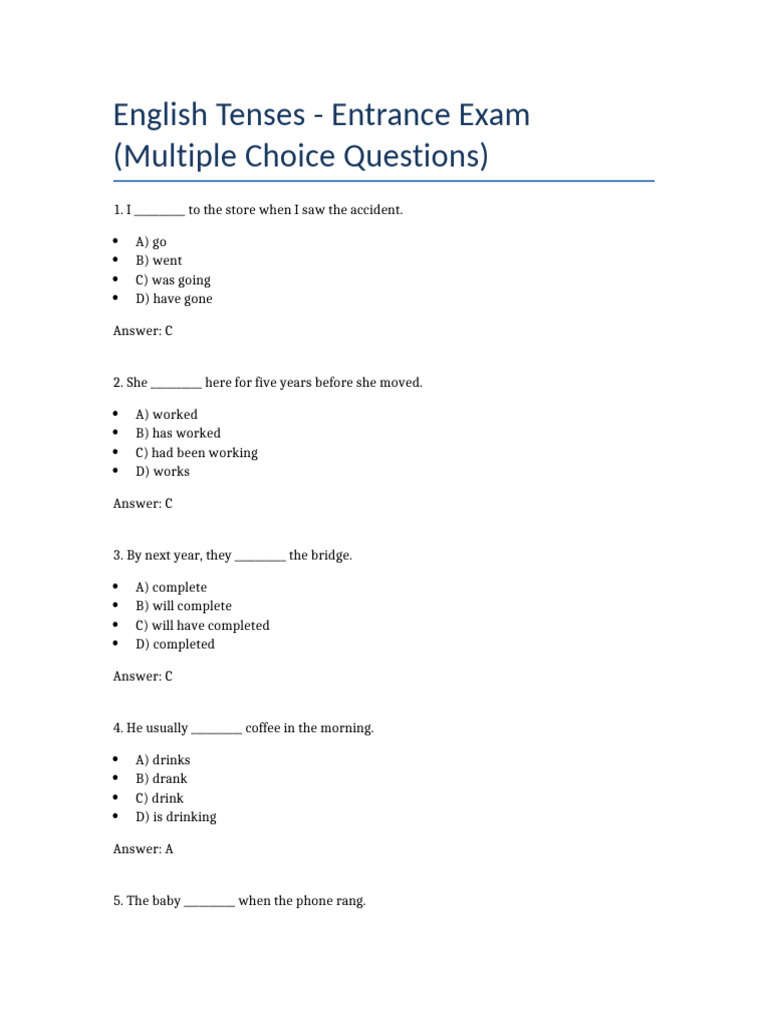 English Tenses Exam Questions | PDF