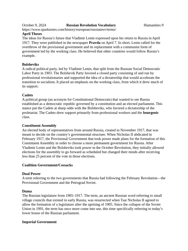 Key Terms of the Russian Revolution | PDF | Bolsheviks | Russian Empire