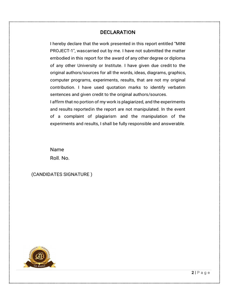 Mini Project Declaration Statement | PDF