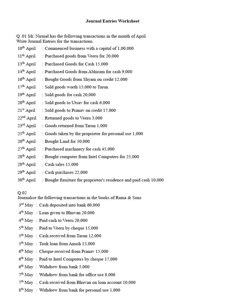 Accounts Journal Entries Worksheet | PDF | Banks | Cheque