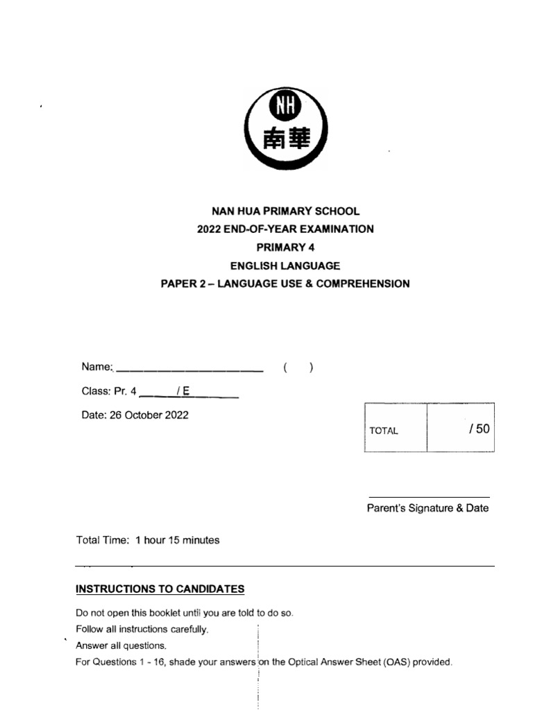 P4 English EOY 2022 NanHua Exam Papers | PDF