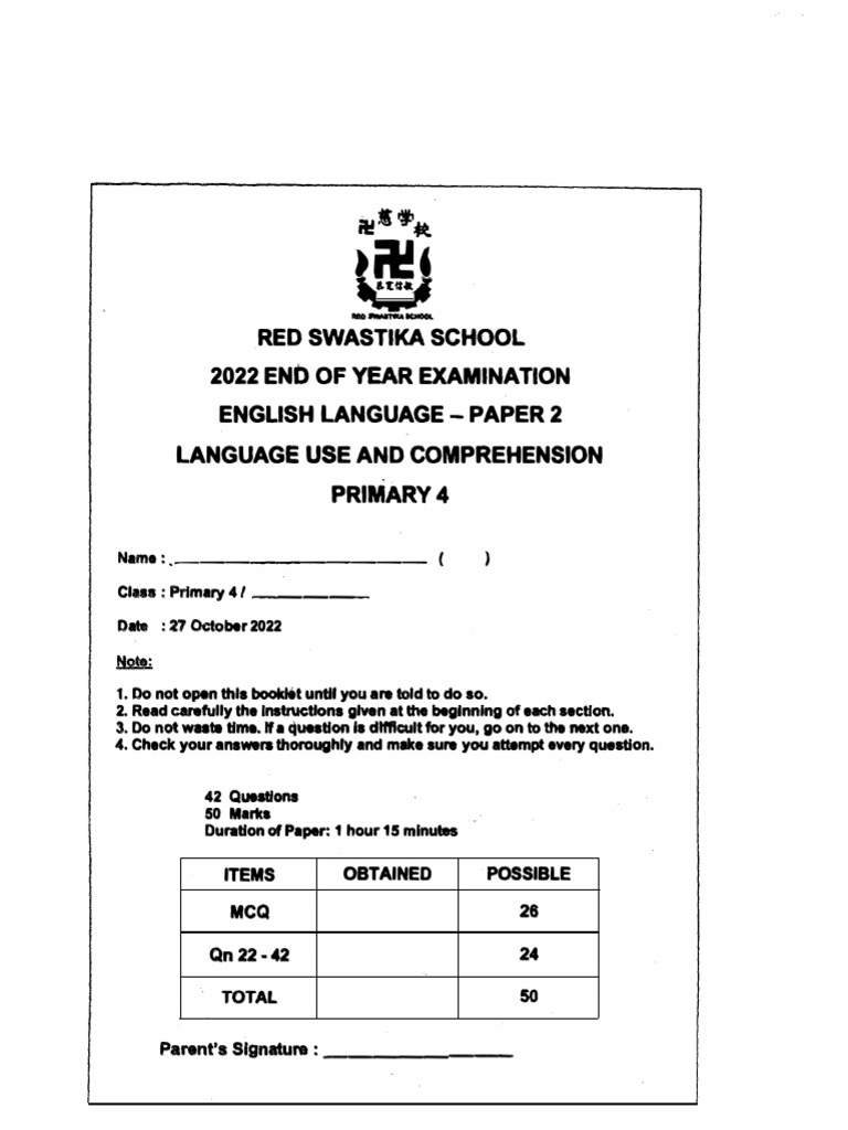 P4 English EOY 2022 RedSwastika Exam Papers | PDF