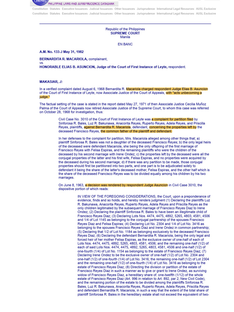A.M. No. 133-J Macariola Vs Asuncion | PDF | Lawsuit | Supreme Court Of ...