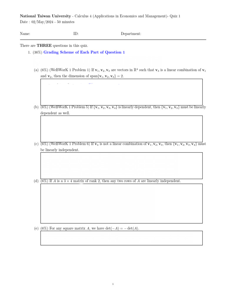 112-2_Cal4_EM01-03_Quiz1_marking_scheme | PDF | Applied Mathematics | Matrix Theory
