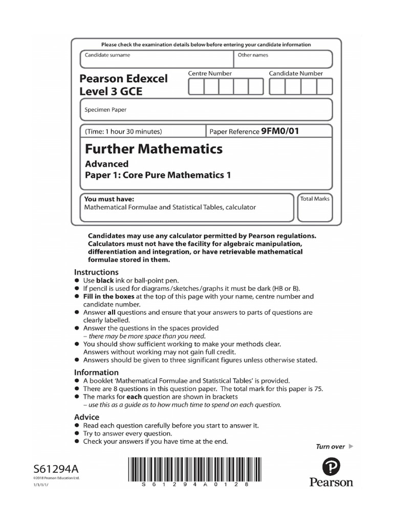 9FM0 01 Core Pure 1 Specimen Paper Word | PDF | Mathematical Physics ...