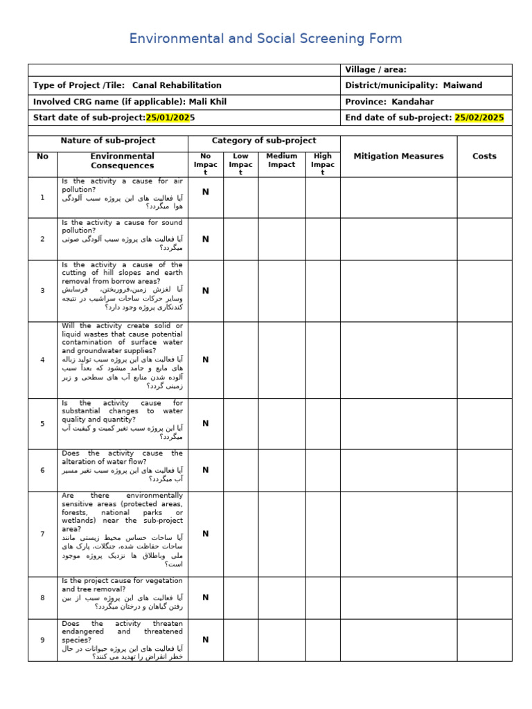 2 - Irrigation Environmental and Social Screening Form | PDF