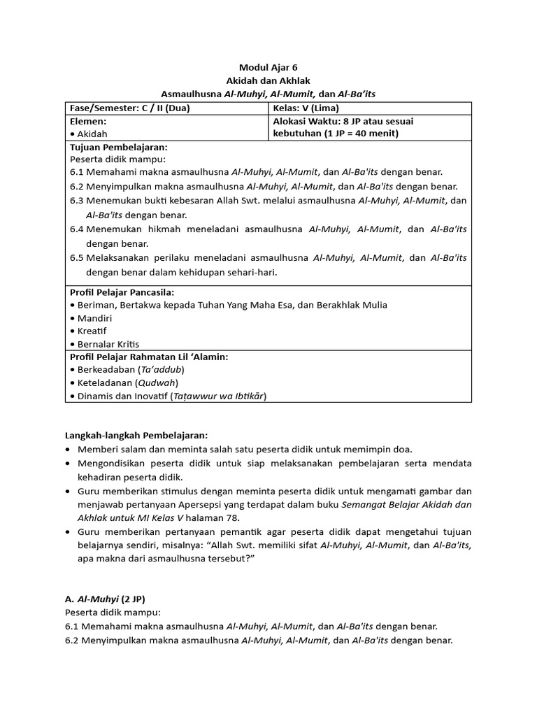 Modul Ajar Semangat Belajar Akidah dan Akhlak MI Kelas 5 - Bab 6 | PDF