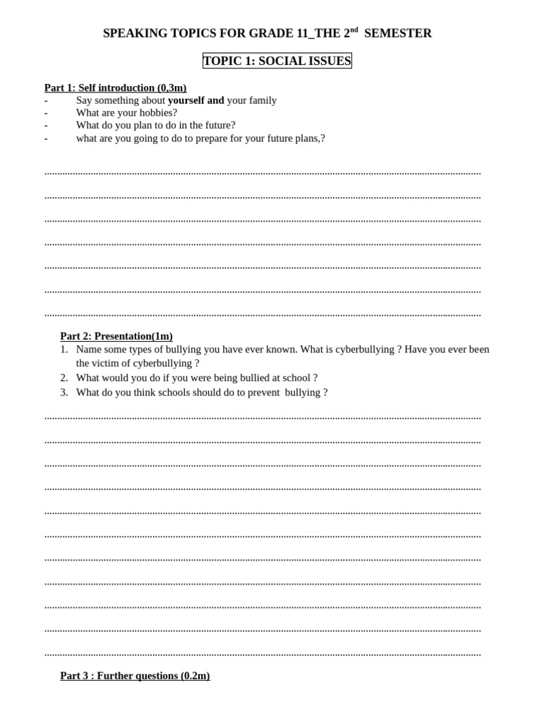 English Speaking Topics For Grade 11 - 2024-2025 | PDF | Cyberbullying ...