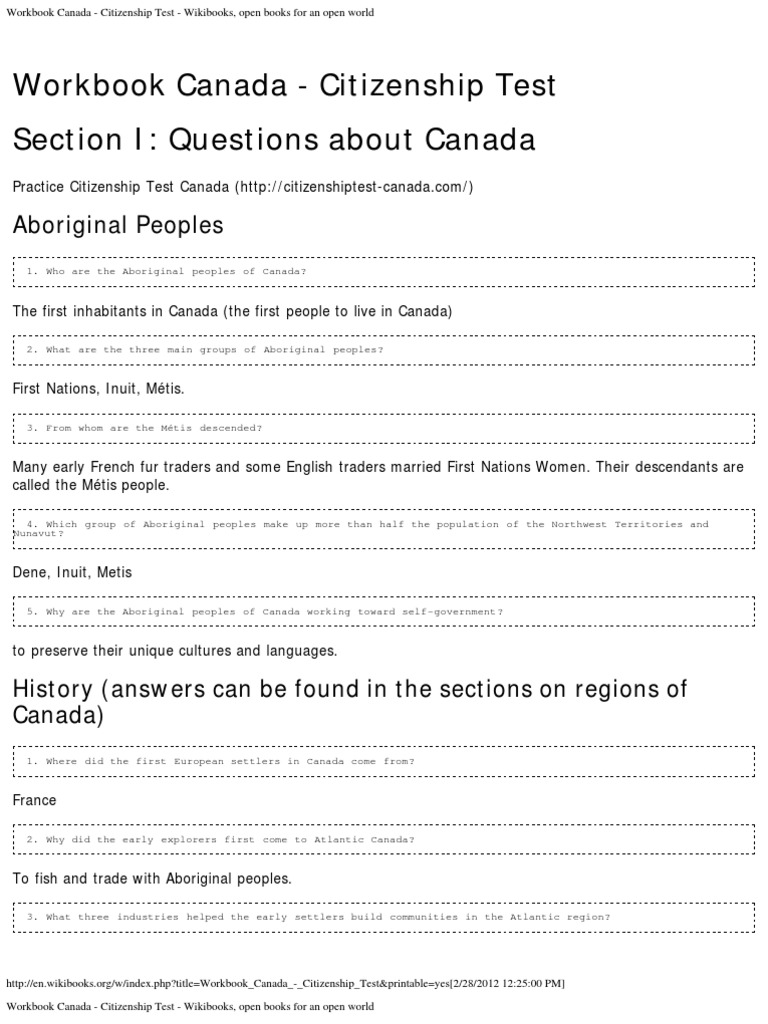 Canada Citizenship Test Workbook Guide | PDF | Provinces And ...