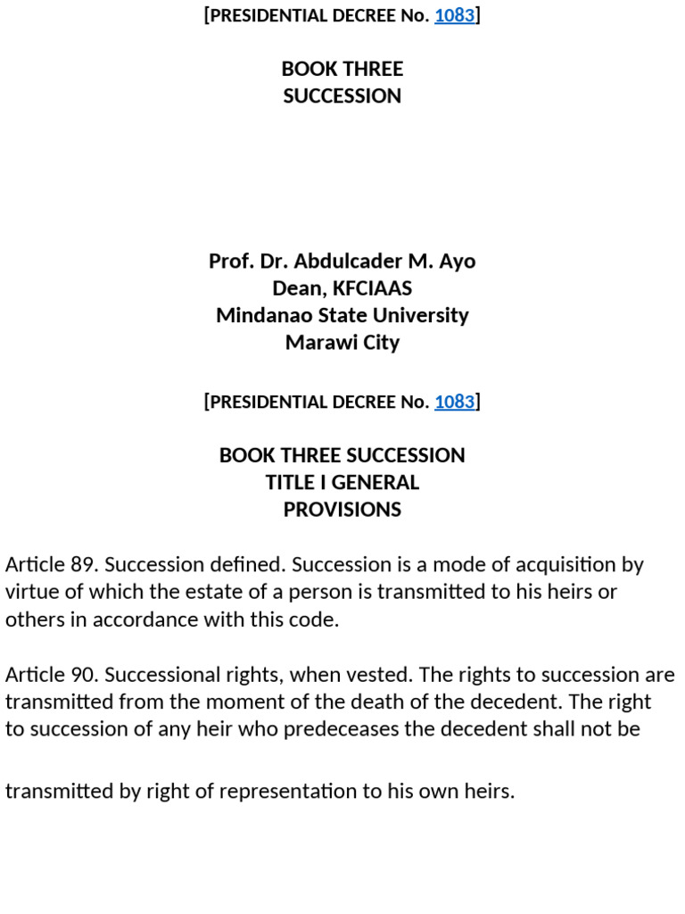 Presidential Decree No. 1083: Succession | PDF | Will And Testament ...