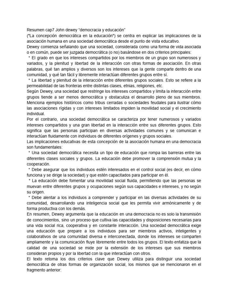 Resumen Cap7 John Dewey "Democracia y Educación" | PDF | John Dewey | Sociedad