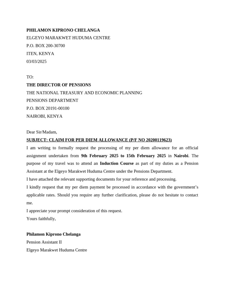 Claim For Per Diem Philamon Kiprono Chelanga | PDF