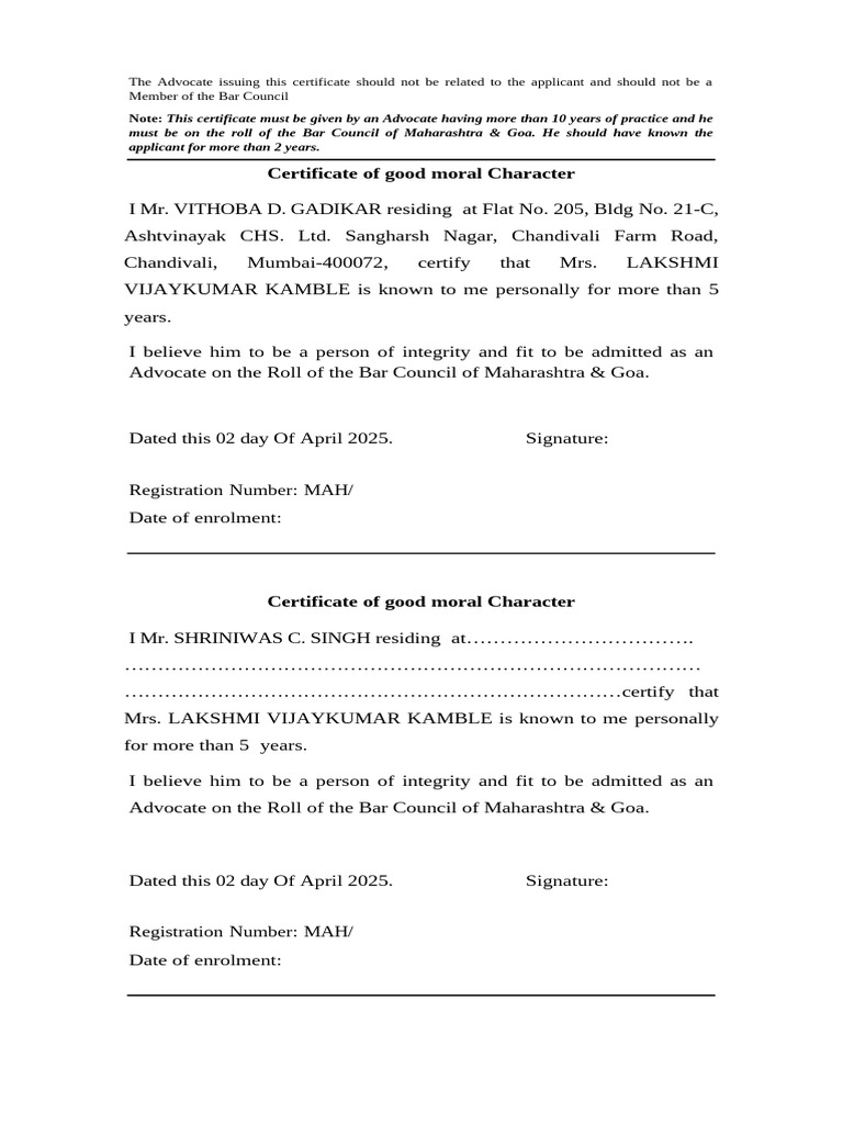Certificate of Good Moral Character | PDF