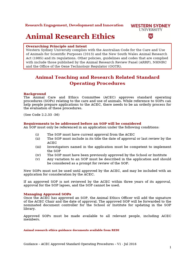 ACEC Animal Research SOP Guidelines | PDF | Animal Testing